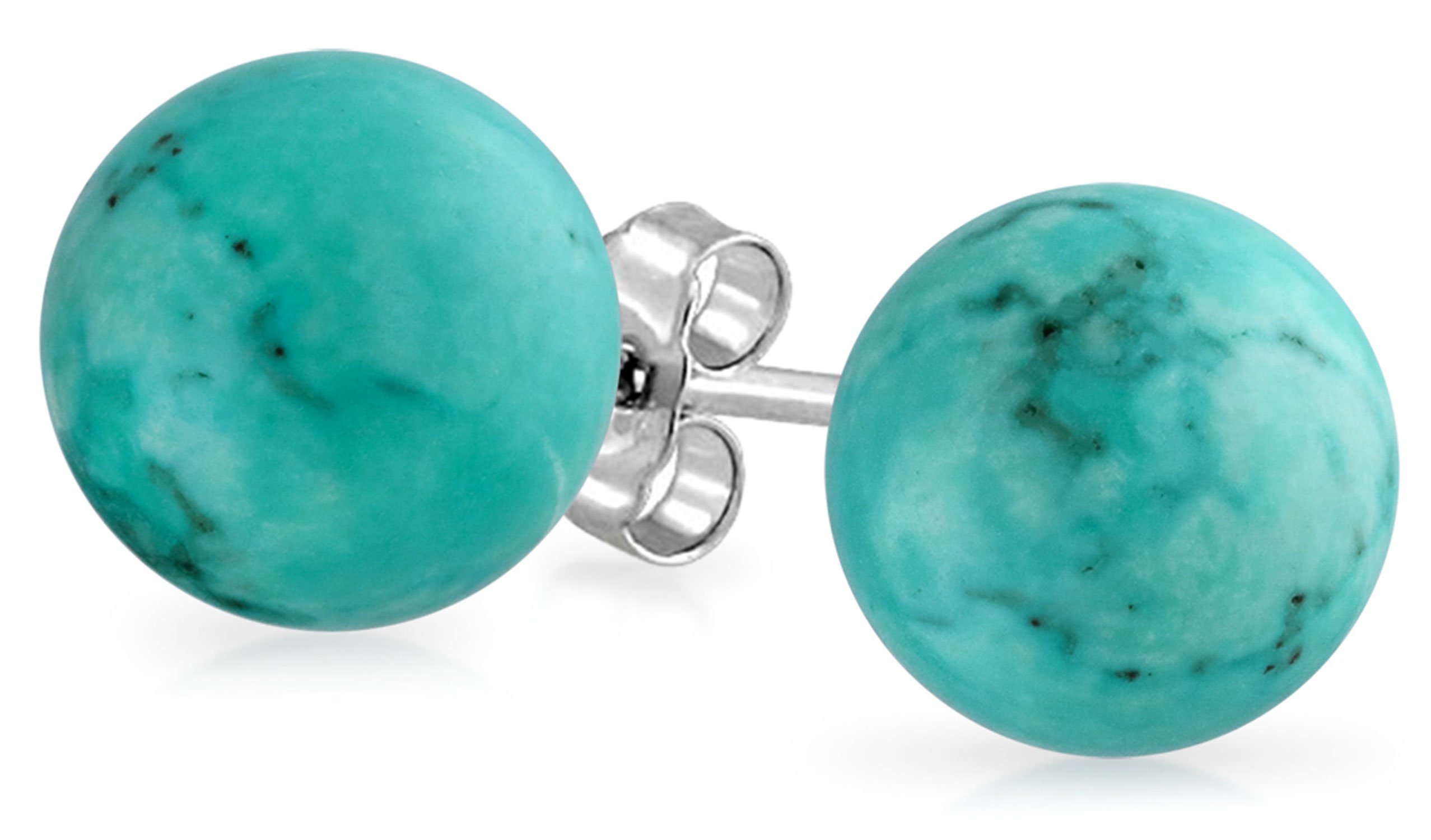 Minimalist Simple Plain Gemstone Blue Stabilized Turquoise Round Ball Stud Earrings For Women .925 Sterling Silver 8 MM