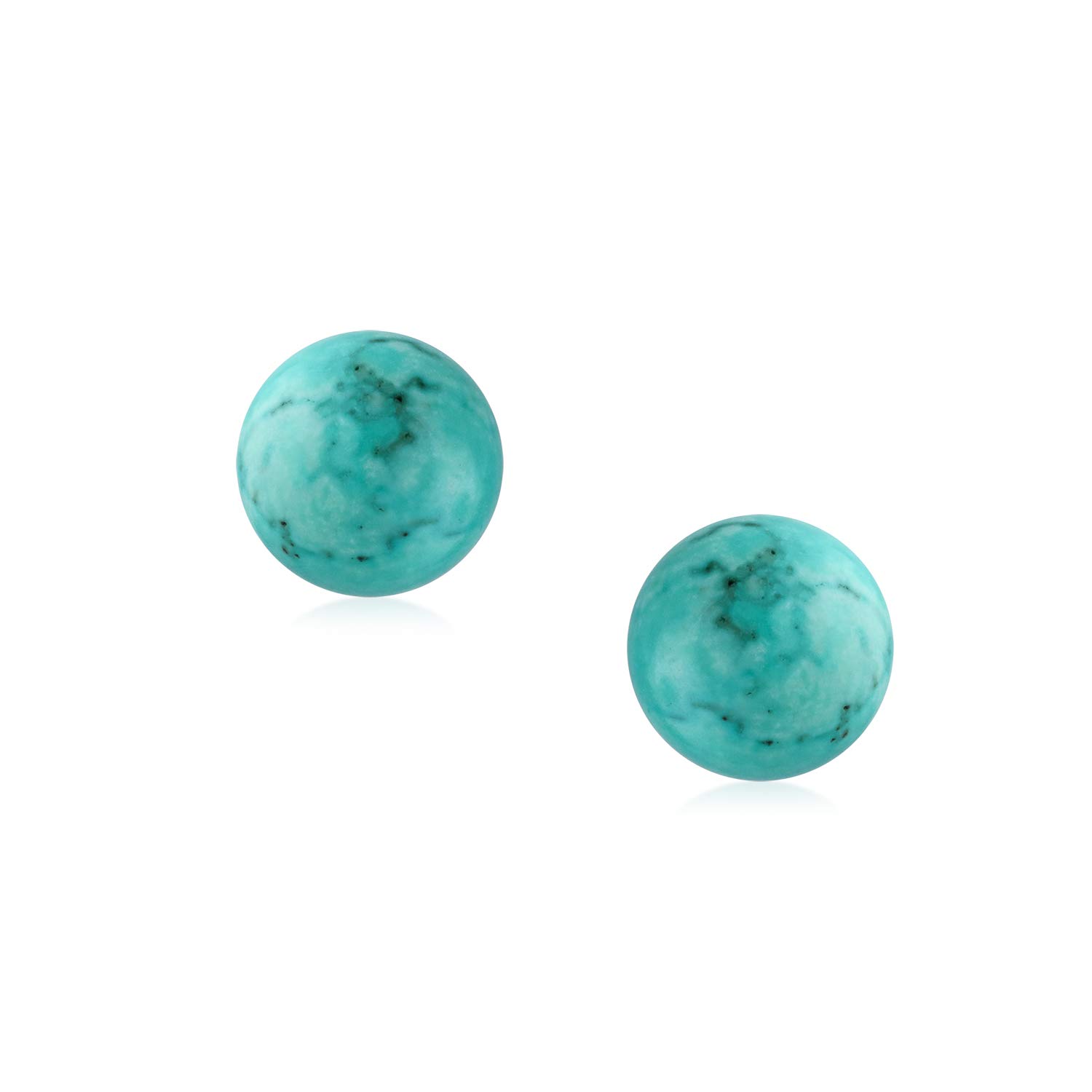 Minimalist Simple Plain Gemstone Blue Stabilized Turquoise Round Ball Stud Earrings For Women .925 Sterling Silver 8 MM