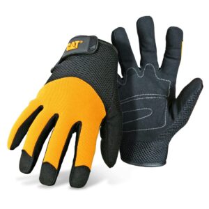 cat® cat012215l spandex back gloves – yellow/black, large, padded synthetic leather palm gloves with mesh upper back