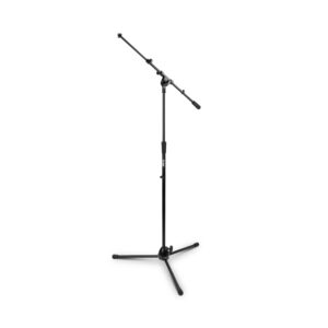 on-stage ms9701b+ heavy-duty euro-boom mic stand (setup for vocal and instrument microphones, adjustable height, portable, folding, tripod base, rubber feet, steel and zinc, 5/8″-27 threading, black)