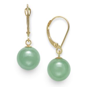 14k Yellow Gold Natural Green Jade Drop Dangle Leverback Earrings