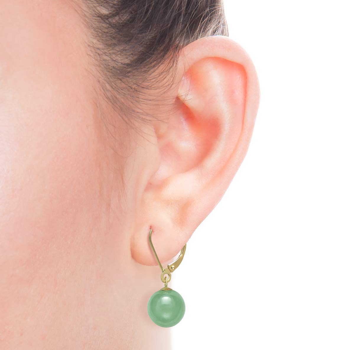 14k Yellow Gold Natural Green Jade Drop Dangle Leverback Earrings