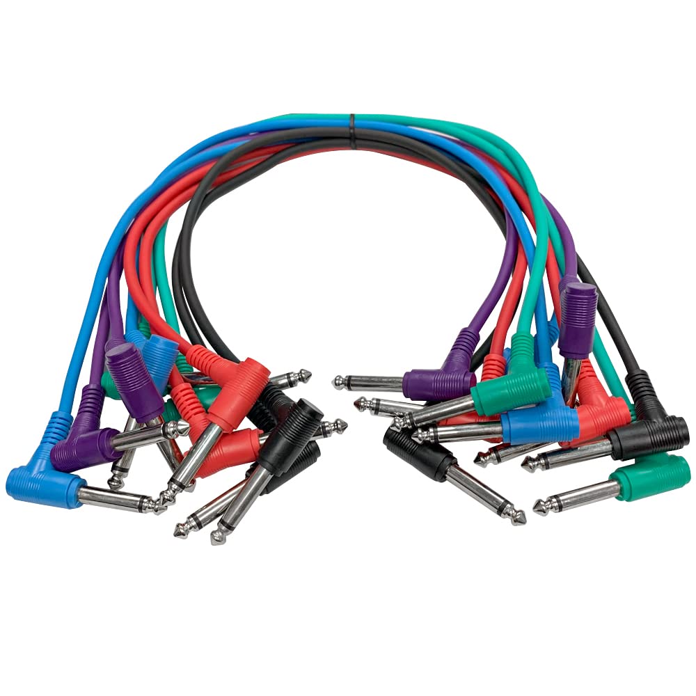 Seismic Audio Speakers ¼” TS Right Angle Patch Cables, Multi Colored Guitar Cables, 1.5 Feet, Pack of 10