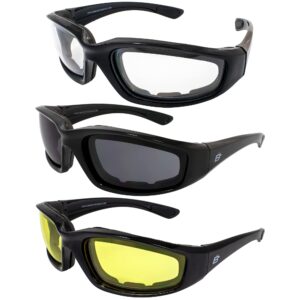 birdz 3 pairs of padded motorcycle riding glasses with smoked, clear & yellow lenses - shatterproof polycarbonate lens, maximum uv protection, scratch-resistant coating, rubber ear pads