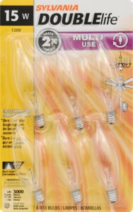 sylvania double life incandescent light bulb, b10, 15w, candelabra base, 65 lumens, 3000k, clear, soft white - 6 count (pack of 1) (15318)