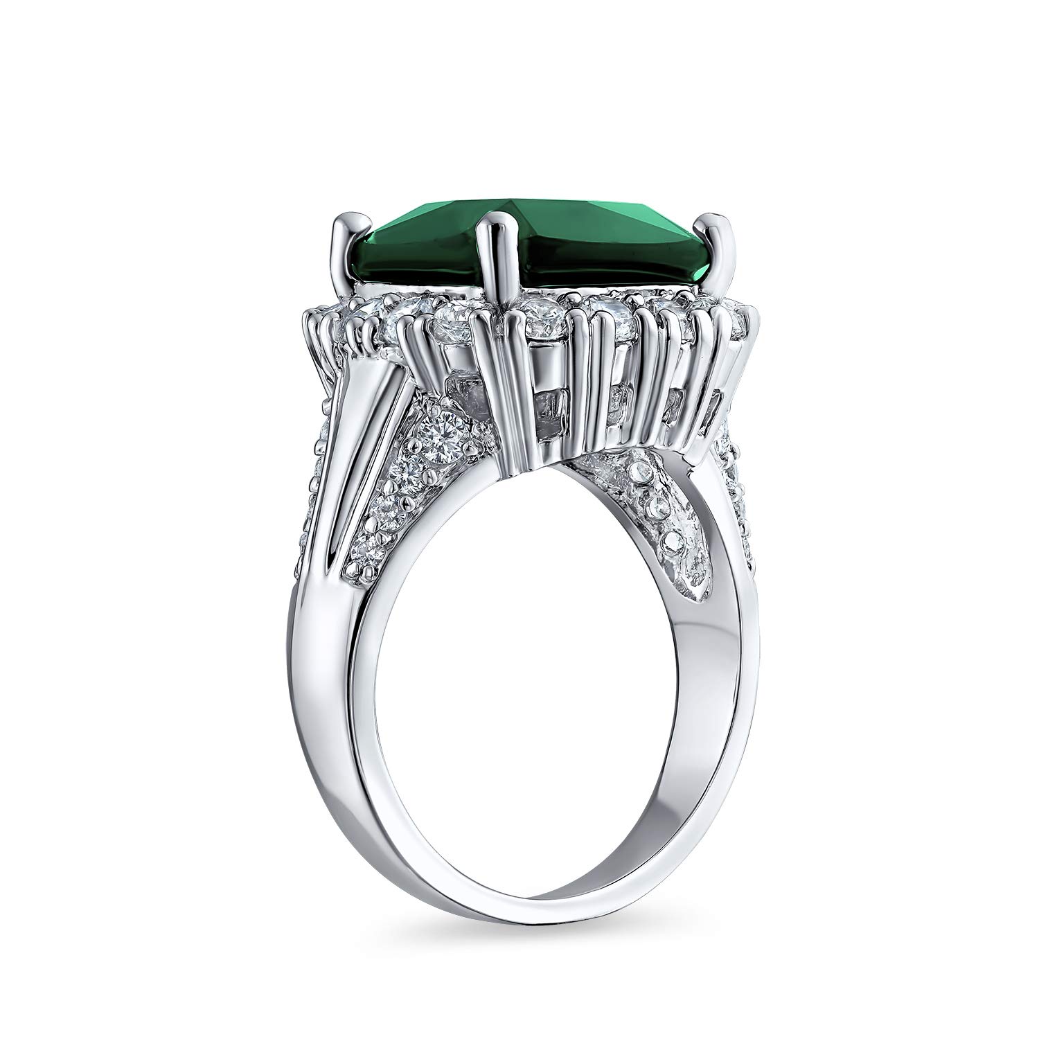 Personalize Large Fashion Solitaire AAA Cubic Zirconia Pave CZ Cushion Cut Simulated Emerald Green Vintage Art Deco Style 7CTW Cocktail Statement Ring For Women Silver Plated Customizable