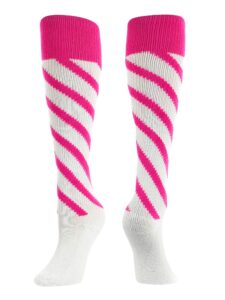 tck candy stripes knee high softball socks (white/hot pink/hot pink, small)