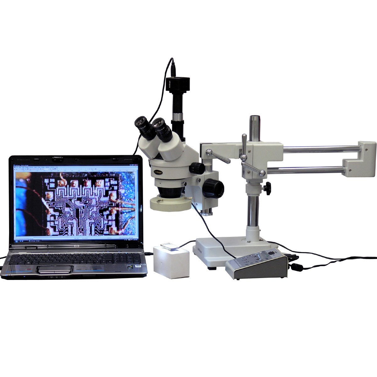 AmScope SM-4TZ-80AM-5M Digital Professional Trinocular Stereo Zoom Microscope, WH10x Eyepieces, 3.5X-90X Magnification, 0.7X-4.5X Zoom Objective, Eight-Zone LED Ring Light, Double-Arm Boom Stand, 110V-240V, Includes 0.5X and 2.0X Barlow Lenses and 5MP Cam