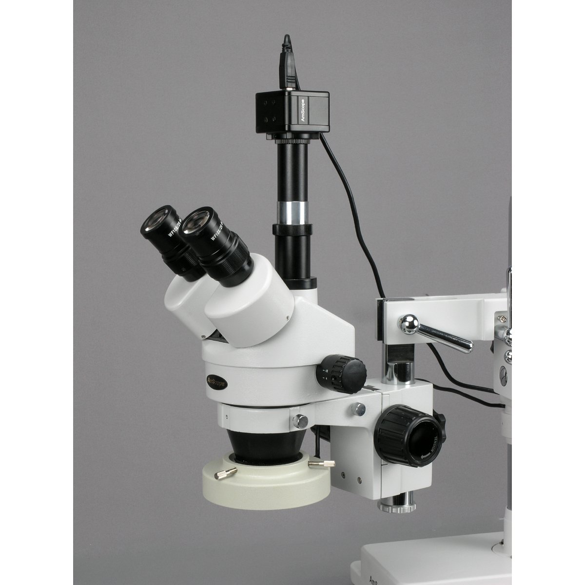 AmScope SM-4TZ-80AM-5M Digital Professional Trinocular Stereo Zoom Microscope, WH10x Eyepieces, 3.5X-90X Magnification, 0.7X-4.5X Zoom Objective, Eight-Zone LED Ring Light, Double-Arm Boom Stand, 110V-240V, Includes 0.5X and 2.0X Barlow Lenses and 5MP Cam