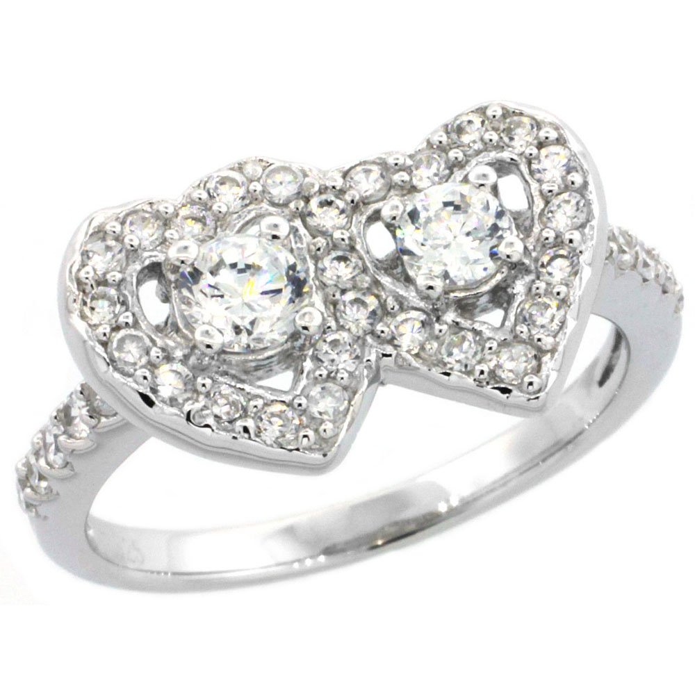 Sterling Silver Vintage Style Cubic Zirconia Double Heart Halo Ring 3/8 inch wide, size 9