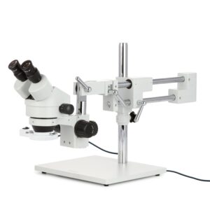 amscope sm-4bz-frl professional binocular stereo zoom microscope, wh10x eyepieces, 3.5x-90x magnification, 0.7x-4.5x zoom objective, 8w fluorescent ring light, double-arm boom stand, 110v-120v, includes 0.5x and 2.0x barlow lenses