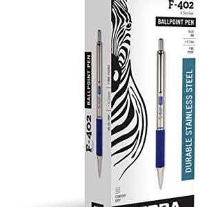 Zebra Pen F-402 Retractable Ballpoint Pen, Stainless Steel Barrel, Fine Point, 0.7mm, Blue Ink, 12-Pack