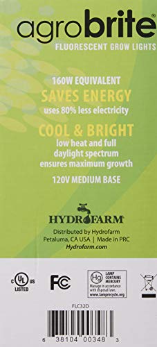 Hydrofarm Agrobrite FLC32D Compact, 32 Watt, 6400K Fluorescent Spiral Grow Lamp, 1 Count (Pack of 1), Brown/A