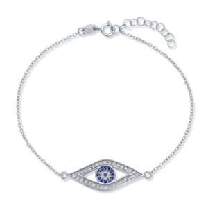 delicate minimalist cubic zirconia pave cz navy blue evil eye charm bracelet for teen women .925 sterling silver 7-8 inch adjustable made in turkey