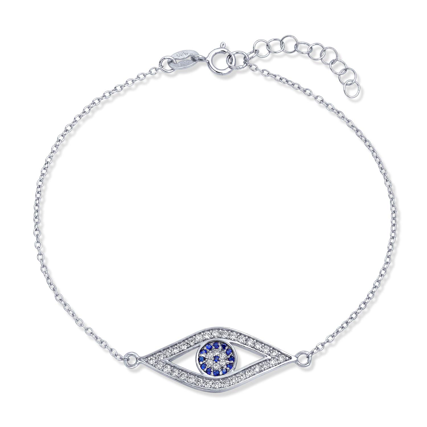 Delicate Minimalist Cubic Zirconia Pave CZ Navy Blue Evil Eye Charm Bracelet For Teen Women .925 Sterling Silver 7-8 Inch Adjustable Made In Turkey