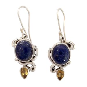 novica artisan handmade lapis citrine dangle earrings indian with .925 sterling silver lazuli blue yellow royal reflecting pond birthstone 'royal charm'