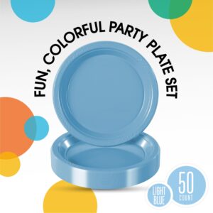 Exquisite 9 Inch. Dinner Plates Light Blue Plastic Plates Disposable, 50 Count Plate Set, Disposable Plates For Party, Heavy Duty Plastic Plates Disposable, Plastic Plates For Party, Party Plates