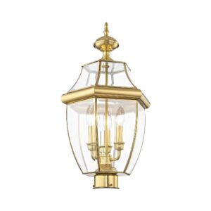 livex lighting lantern 2354-02 monterey 3 light outdoor polished brass finish solid brass post head with clear beveled glass, 17" x 9" x 11"