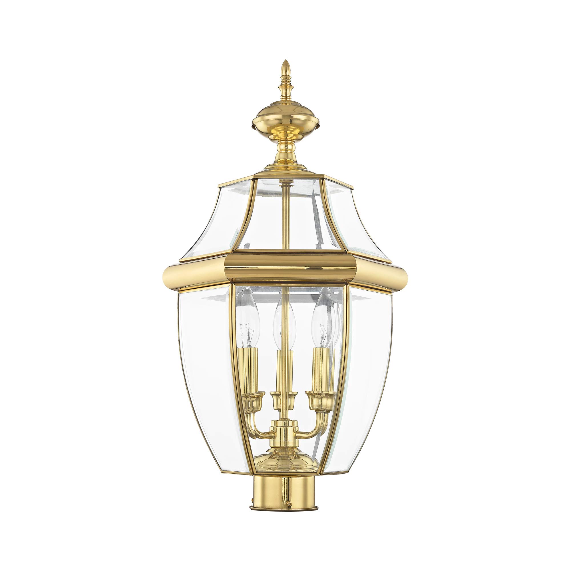 Livex Lighting Lantern 2354-02 Monterey 3 Light Outdoor Polished Brass Finish Solid Brass Post Head with Clear Beveled Glass, 17" x 9" x 11"