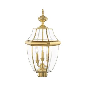 Livex Lighting Lantern 2354-02 Monterey 3 Light Outdoor Polished Brass Finish Solid Brass Post Head with Clear Beveled Glass, 17" x 9" x 11"