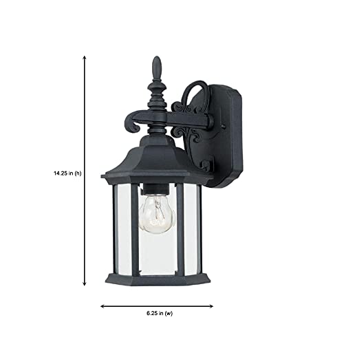 DESIGNERS FOUNTAIN Devonshire Outdoor Light Fixture, 14 Inch Exterior Wall Mount Lantern Sconce, Clear Glass Porch Lights for Front Door, Patio, and House Garage, Black, 2961-BK