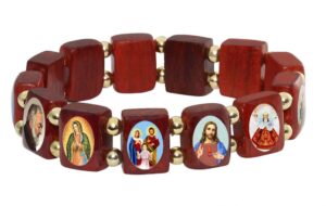 catholica shop catholic religious wooden stretch devotional bracelets with assorted color images of saints, jesus, and mary. made in brazil