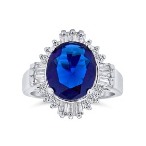 bling jewelry personalize art deco style royal blue oval baguette halo 6 ct aaa cz simulated sapphire solitaire statement engagement ring for women silver plated customizable