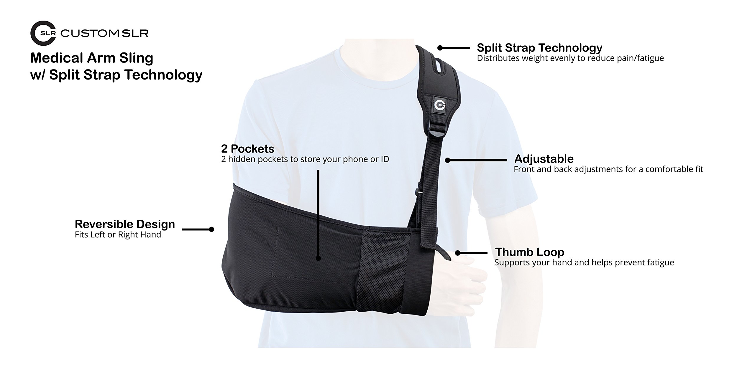 Custom SLR/Healjoy Medical Arm Sling with Split Strap Technology, Ergonomic Design for Men & Women