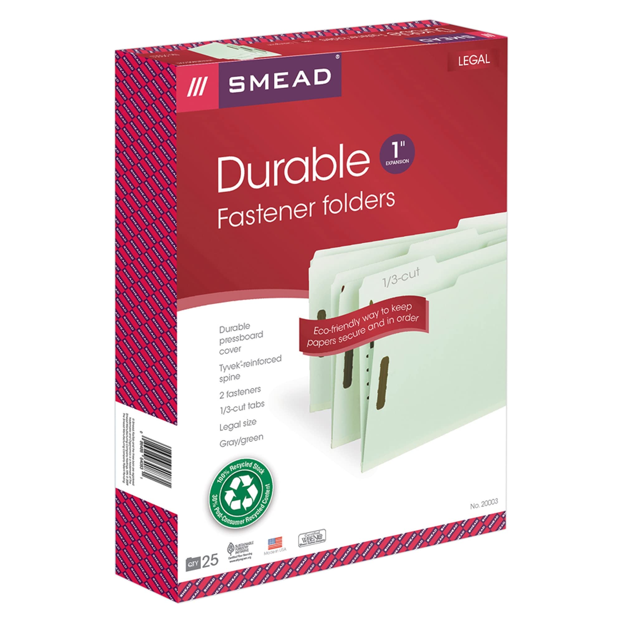 Smead 100% Recycled Pressboard Fastener File Folder, 2 Fasteners, 1/3-Cut Tab, 1" Expansion, Legal Size, Gray/Green, 25 per Box (20003)