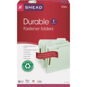 Smead 100% Recycled Pressboard Fastener File Folder, 2 Fasteners, 1/3-Cut Tab, 1" Expansion, Legal Size, Gray/Green, 25 per Box (20003)