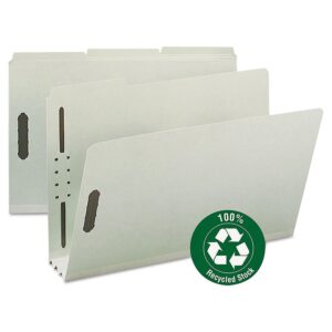 smead 100% recycled pressboard fastener file folder, 2 fasteners, 1/3-cut tab, 3" expansion, legal size, gray/green, 25 per box (20005)