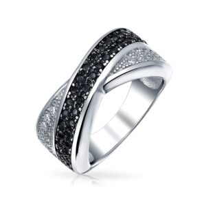 bling jewelry two tone black and white pave cubic zirconia cz criss-cross x band ring for women for girlfriend .925 sterling silver