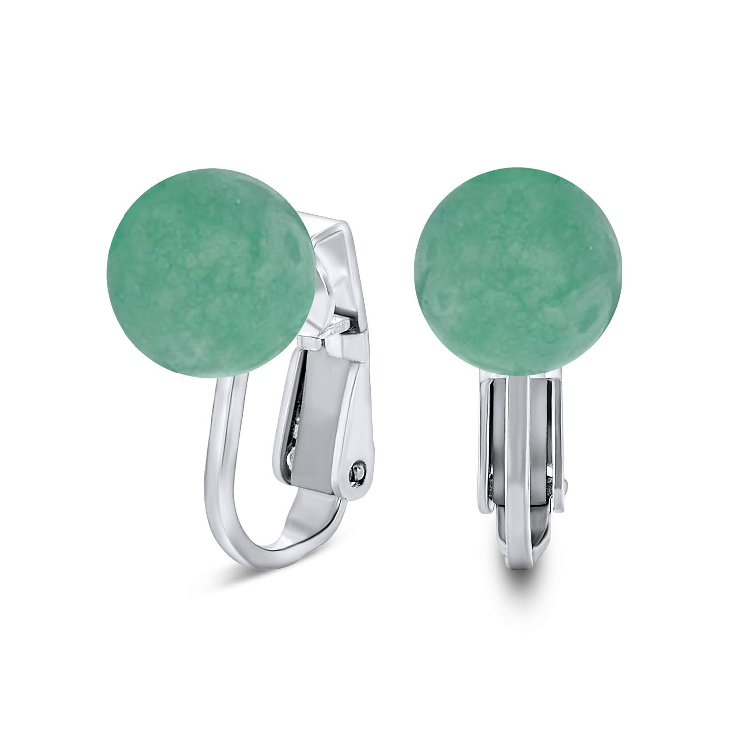 Simple Light Green Aventurine Gemstone Bead Round Ball Clip On Earrings Non-Piercing .925 Sterling Silver 8MM