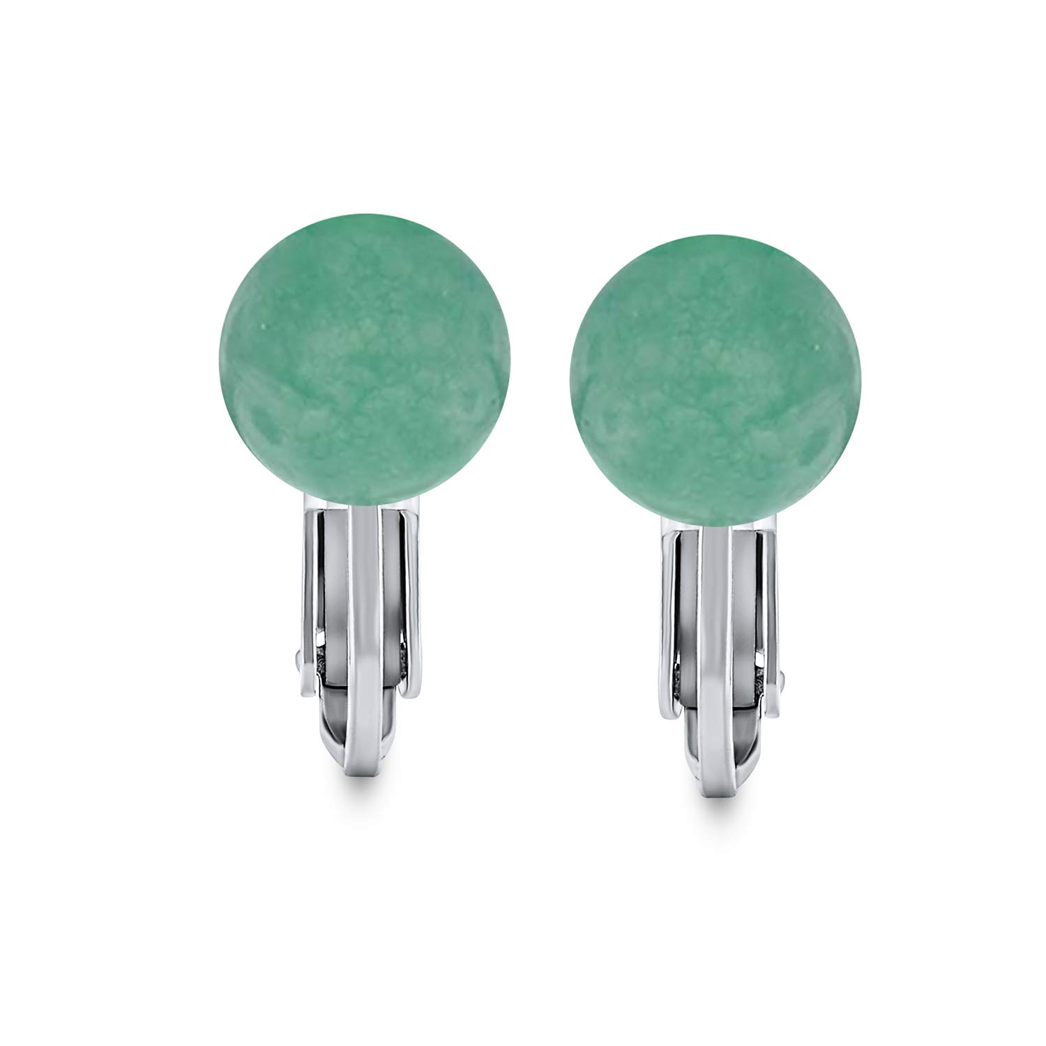 Simple Light Green Aventurine Gemstone Bead Round Ball Clip On Earrings Non-Piercing .925 Sterling Silver 8MM