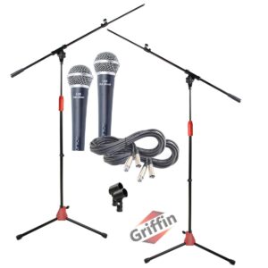 griffin microphone boom stand, cardioid dynamic mic, xlr cable, & clip (pack of 2) | telescoping arm holder | tripod mount | vocal unidirectional singing microphone | home recording studio accessories