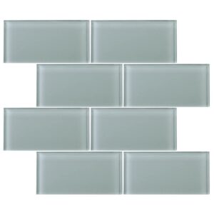 tenedos ice mist glossy 3x6 blue grey glass wall tile backsplash for bathroom, shower, kitchen, fireplace, accent decor (1 sqft - 8 pieces)