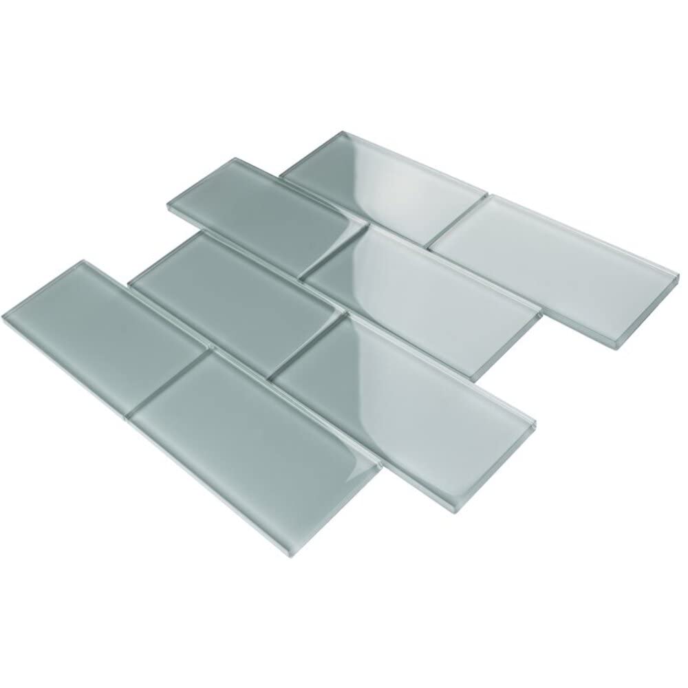 Tenedos Ice Mist Glossy 3x6 Blue Grey Glass Wall Tile Backsplash for Bathroom, Shower, Kitchen, Fireplace, Accent decor (1 Sqft - 8 Pieces)