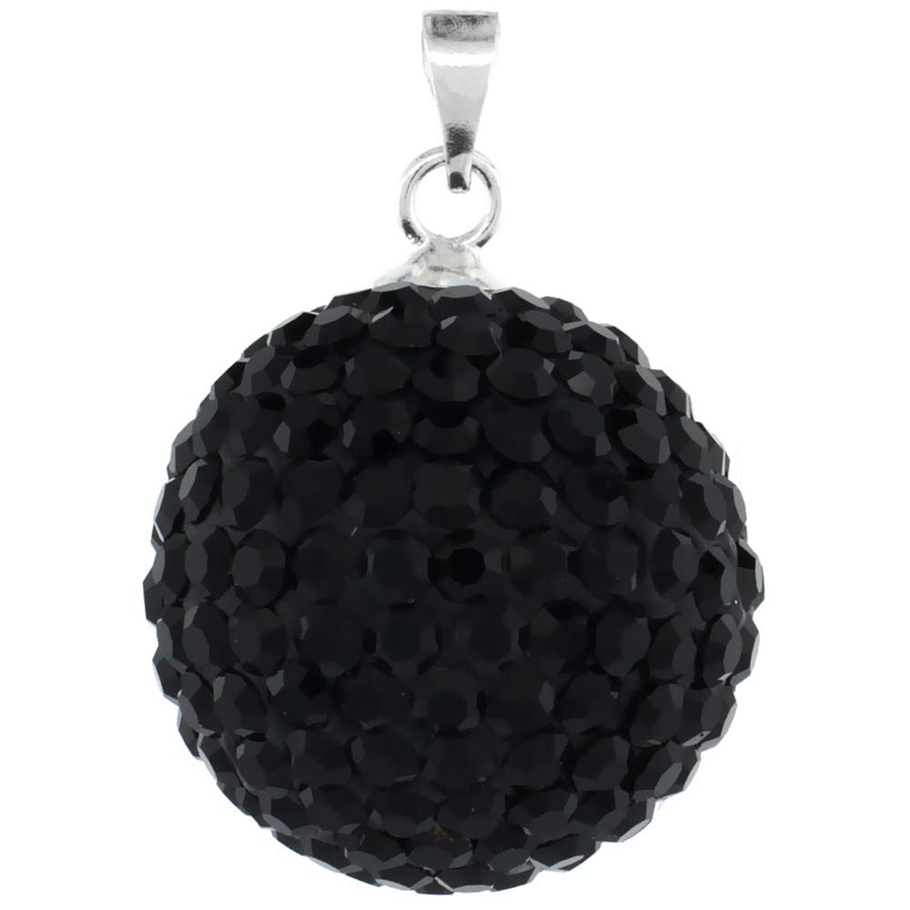 Large 18mm Sterling Silver Black Crystal Disco Ball Pendant Necklace for Women