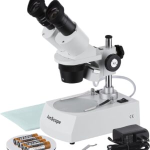 AmScope SE305R-P-LED Forward-Mounted Binocular Stereo Microscope, WF10x Eyepieces, 10X and 30X Magnification, 1X and 3X Objectives, Upper and Lower LED Lighting, Reversible Black/White Stage Plate, Pillar Stand, 120V or Battery-Powered