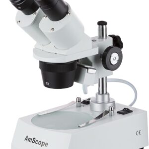 AmScope SE305R-P-LED Forward-Mounted Binocular Stereo Microscope, WF10x Eyepieces, 10X and 30X Magnification, 1X and 3X Objectives, Upper and Lower LED Lighting, Reversible Black/White Stage Plate, Pillar Stand, 120V or Battery-Powered