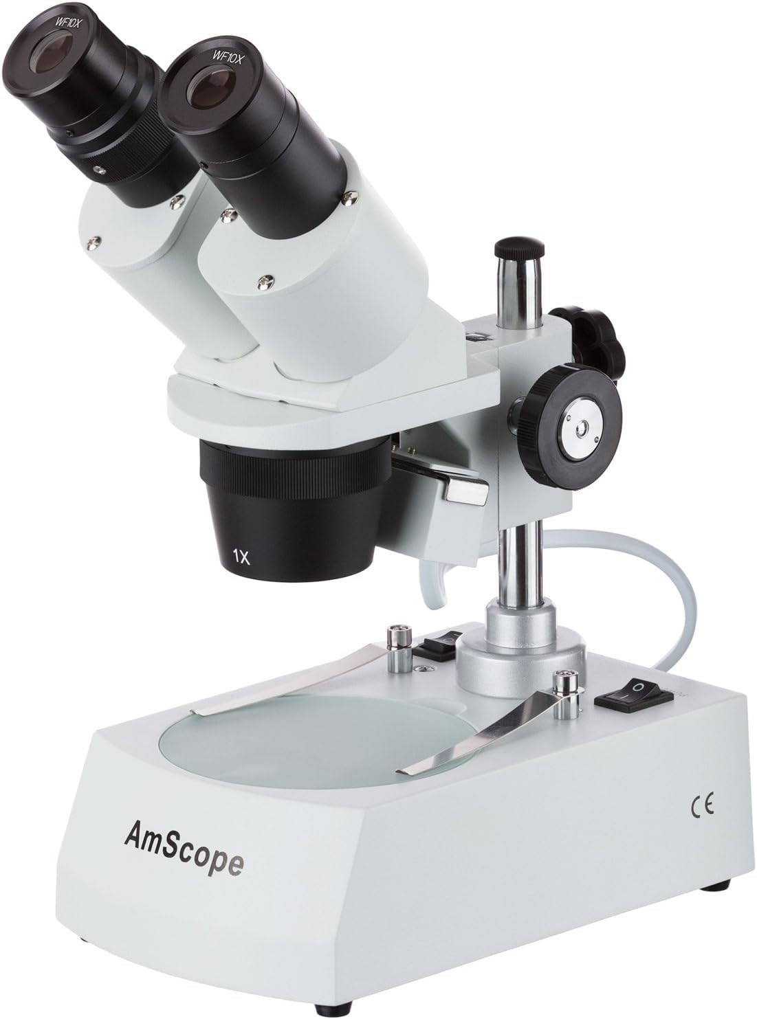 AmScope SE305R-P-LED Forward-Mounted Binocular Stereo Microscope, WF10x Eyepieces, 10X and 30X Magnification, 1X and 3X Objectives, Upper and Lower LED Lighting, Reversible Black/White Stage Plate, Pillar Stand, 120V or Battery-Powered