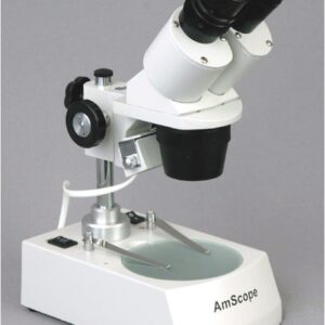 AmScope SE305R-P-LED Forward-Mounted Binocular Stereo Microscope, WF10x Eyepieces, 10X and 30X Magnification, 1X and 3X Objectives, Upper and Lower LED Lighting, Reversible Black/White Stage Plate, Pillar Stand, 120V or Battery-Powered