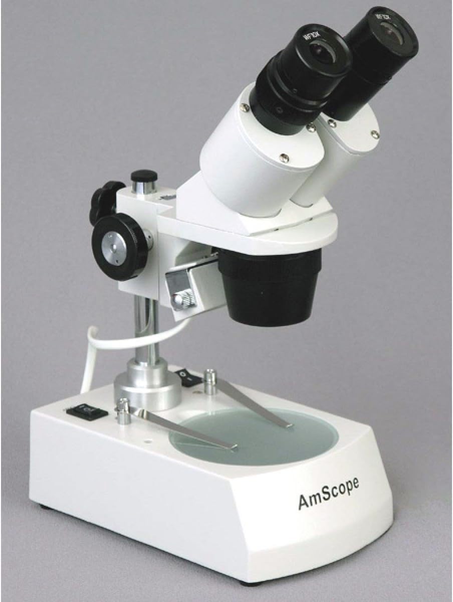 AmScope SE305R-P-LED Forward-Mounted Binocular Stereo Microscope, WF10x Eyepieces, 10X and 30X Magnification, 1X and 3X Objectives, Upper and Lower LED Lighting, Reversible Black/White Stage Plate, Pillar Stand, 120V or Battery-Powered