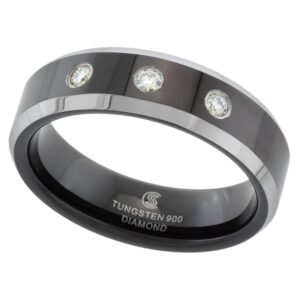 6mm black tungsten 3 stone diamond wedding ring two-tone beveled edges comfort fit, size 6.5