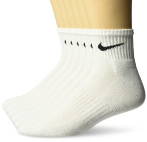 nike unisex performance cushion quarter socks with band (6 pairs), white/black, medium