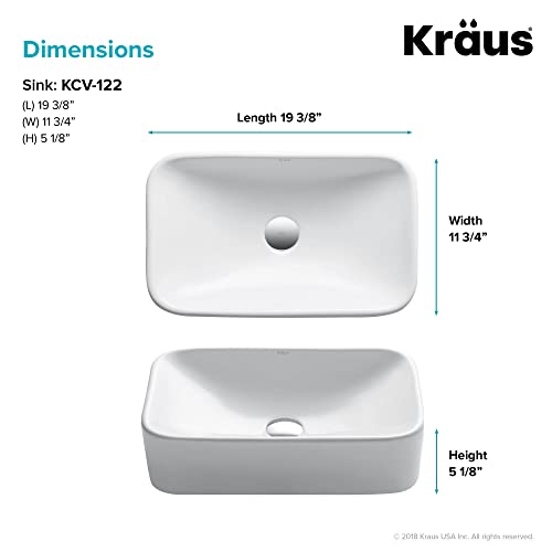 Kraus KCV-122 Ceramic Above counter Rectangular Bathroom Sink, 19.44 x 11.84 x 5 inches, White