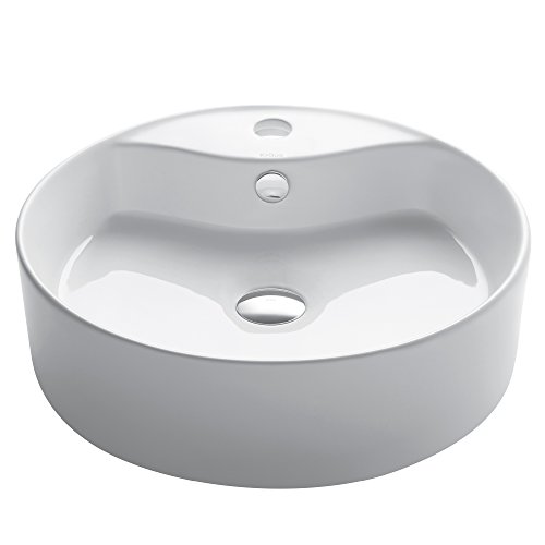 KRAUS KCV-142 Elavo Round Vessel Porcelain Ceramic Bathroom Sink 18 Inch in White with Overflow