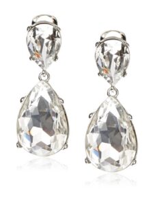 kenneth jay lane double teardrop or rectangle crystal drop clip earrings in gold or silver settings (silver teardrop)