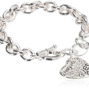 GUESS "Basic" Silver and Crystal Graffiti Heart Toggle Charm Bracelet