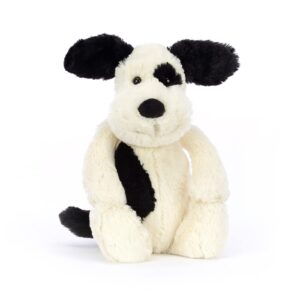 jellycat bashful black and cream puppy stuffed animal plush dog, medium, 12 inches